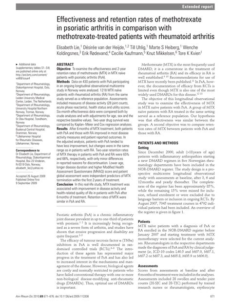 Pdf Effectiveness And Retention Rates Of Methotrexate In Psoriatic Arthritis In Comparison