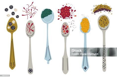 벡터 일러스트 레이 션 컬렉션 Of Allspice 사프란 심황 파프리카 칠리 빈티지 숟가락 플랫 만화 스타일 낙서 디자인