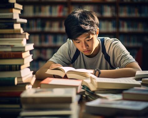 Premium Photo Young Student Studying Hard In A Library Surrounded By