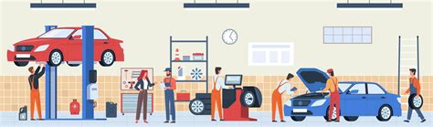 자동차 수리 서비스 자동차 정비소 파노라마 남자 차고 역학 팀은 기술 검사 및 디지털 진단 자동차 변경 바퀴 벡터 수평 배너 유지 보수 차량 개념을 수행합니다 프리미엄 벡터