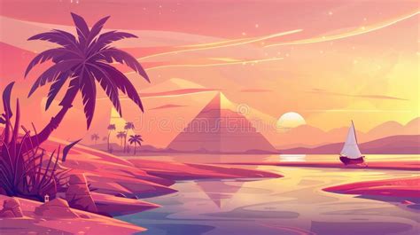 Pyramids And Nile River Of Egypt At Sunset Desert Landscape With