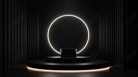 멋진 3d 렌더링 제품 디스플레이로 프레젠테이션을 향상하세요 광택 있는 커튼 배경 검은색 무대 연단 빛나는 원형 조명 연단 배경 검은 광택 배경 상하 배경