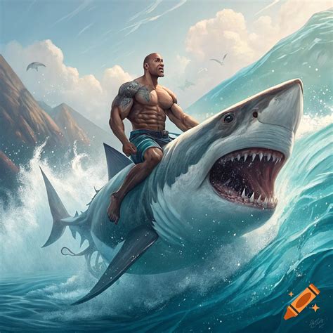 A Muscled Bald Man Rides On The Back Of A Large Shark Surging Through