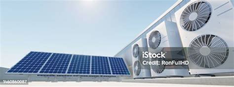 옥상에 태양 전지판 응축기 장치 또는 압축기에 있는 광전지의 3d 렌더링 미래를 위한 시스템 기술로 에코 빌딩 전력 또는 직류 전기를 생성합니다 3차원 형태에 대한 스톡
