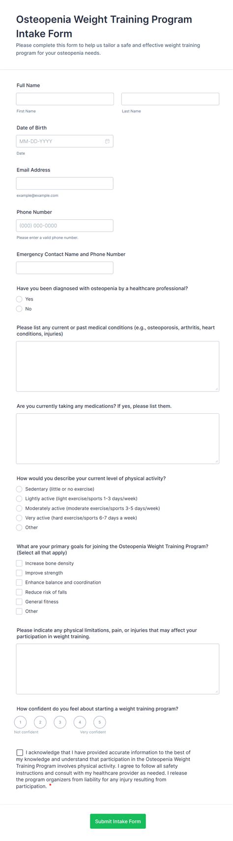Osteopenia Weight Training Program Intake Form Template Jotform