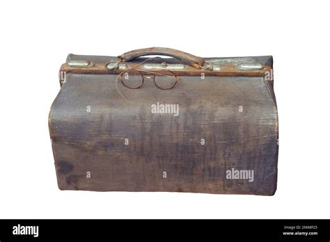Retro Bag And Old Round Glasses Close Up Isolated On A White