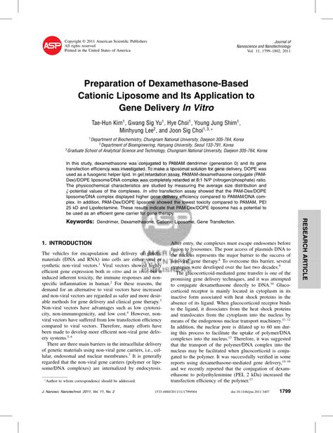 Pdf Preparation Of Dexamethasone Based Cationic Liposome And Its Application To Gene Delivery