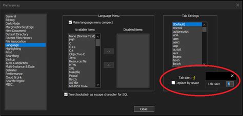 Preference Language Tab Size Replace Mini Dlg With Edit Control