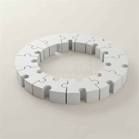Circular Arrangement Of Interlocking White Puzzle Pieces Forming A Hollow Ring Shape Stock