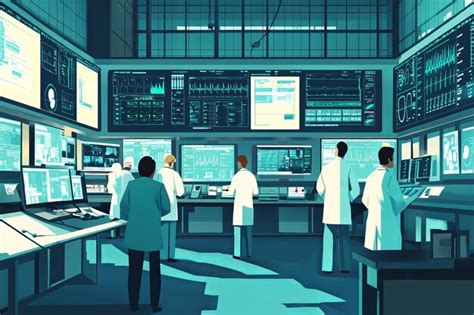 Scientists In Lab Coats Analyze Data On Multiple Screens In A Hightech