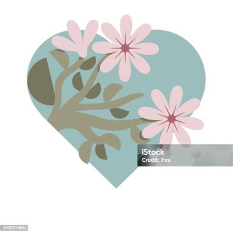 흰색 배경에 분홍색 꽃과 녹색 잎이 있는 평평한 파란색 하트 개념에 대한 스톡 벡터 아트 및 기타 이미지 개념 구도 꼭대기 Istock