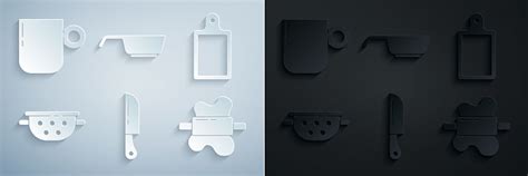 칼 도마 주방 소쿠리 반죽에 롤링 핀 프라이팬 및 커피 컵 아이콘을 설정합니다 벡터 3차원 형태에 대한 스톡 벡터 아트 및 기타