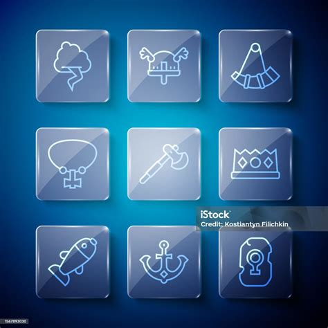 세트 라인 물고기 닻 마법의 룬 사냥 뿔 나무 도끼 보석 목걸이 구름과 번개 왕 왕관 아이콘 벡터 결정체에 대한 스톡 벡터 아트 및 기타 이미지 Istock