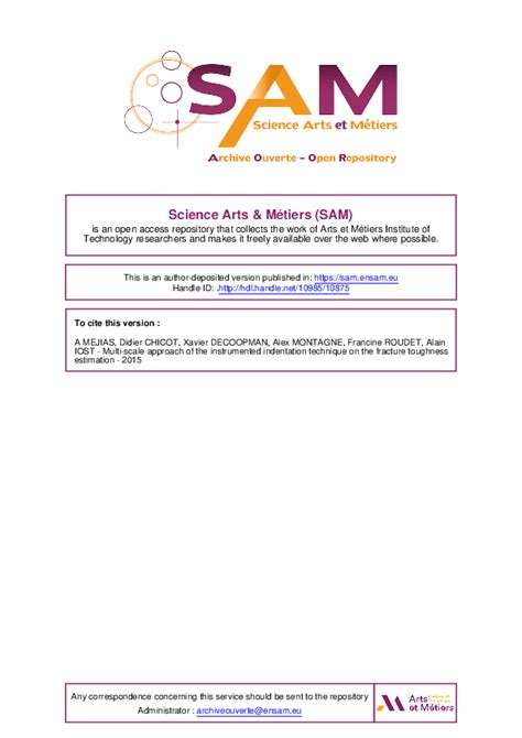 Pdf Multi Scale Approach Of The Instrumented Indentation Technique On The Fracture Toughness