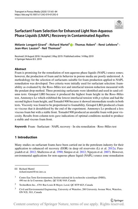 Surfactant Foam Selection For Enhanced Light Non Aqueous Phase Liquids Lnapl Recovery In