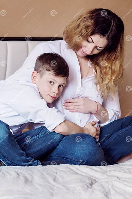 Happy Son Touches Pregnant Mother`s Belly Stock Image Image Of Happy