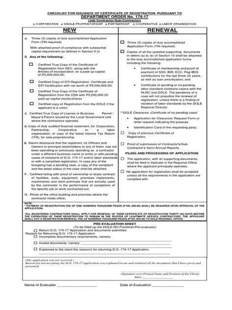 Dole Checklist For Issuance Of Certificate Of Registration Pursuant