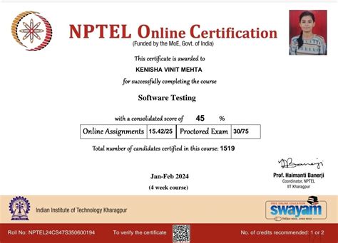 Completed Nptel Software Testing Course Nptel Kenisha Mehta