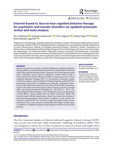 2018 Internet Based Vs Face To Face Cognitive Behavior Therapy For