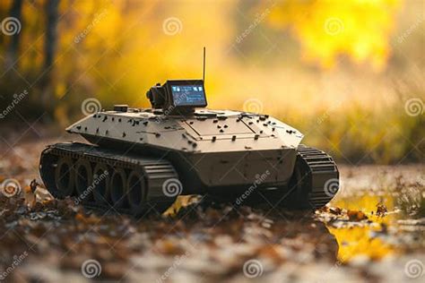 Military Robot Tank Model On Display In A Vibrant Autumn Forest Setting During Daylight Stock