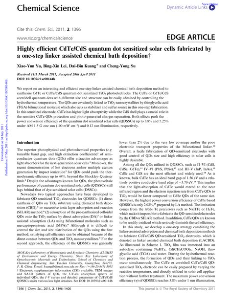 Pdf Highly Efficient Cdtecds Quantum Dot Sensitized Solar Cells
