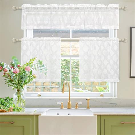 Semi Sheer Kitchen Curtains Valance And Tiers Set Jacquard Rod Pocket