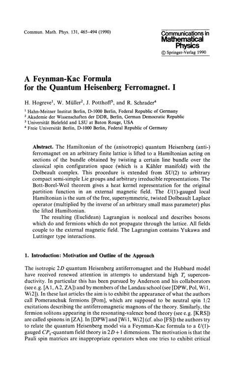 Pdf A Feynman Kac Formula For The Quantum Heisenberg Ferromagnet I
