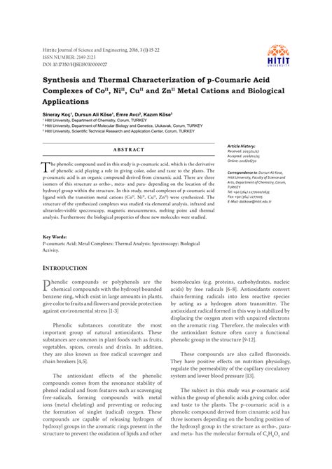 Pdf Synthesis And Thermal Characterization Of P Coumaric Acid Complexes Of Coii Niii Cuii