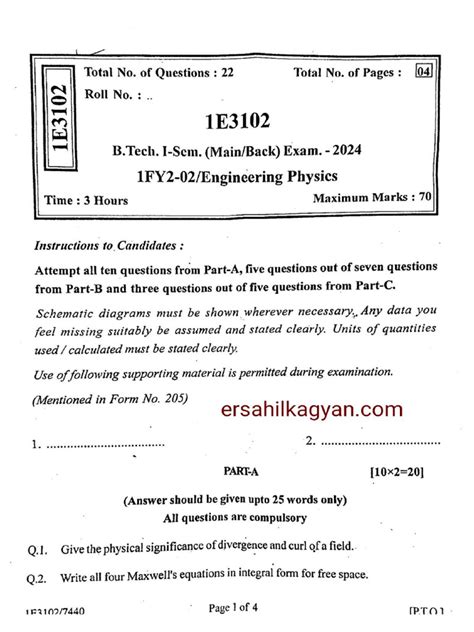 Btech 1 Sem Engineering Physics 1e3102 2024 Pdf