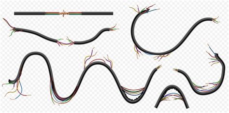 현실적인 깨진 찢어진 구리 전력 전선 절단이 있는 손상된 케이블 통신 코드 연결을 끊습니다 위험 전원 와이어 벡터 세트 케이블에