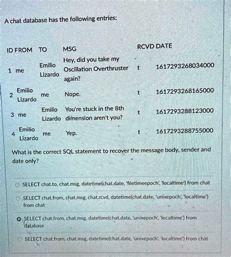 Solved A Chat Database Has The Following Entries Id From To Rcvddate