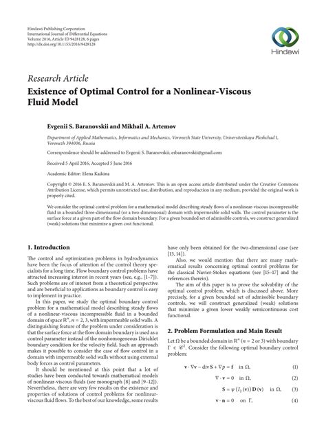 Pdf Existence Of Optimal Control For A Nonlinear Viscous Fluid Model