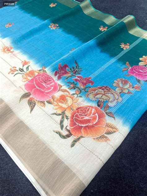 Linen Saree With Gold Jari Border And Digital Print Sukriti Store