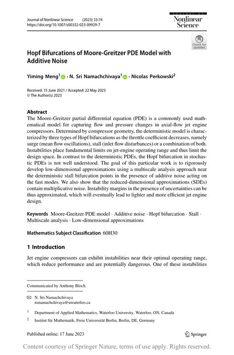 Pdf Hopf Bifurcations Of Moore Greitzer Pde Model With Additive Noise