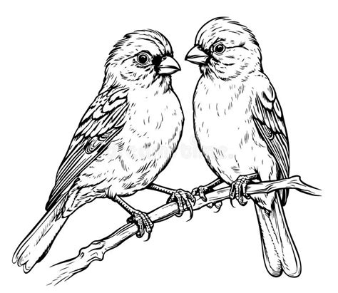 Black And White Sketch Of A Canary Bird Sitting On A Branch Stock