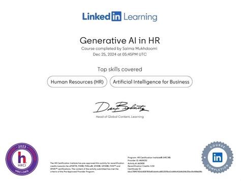 I Am Thrilled To Share I Have Earned A New Certification Generative Ai In Hr Saima M