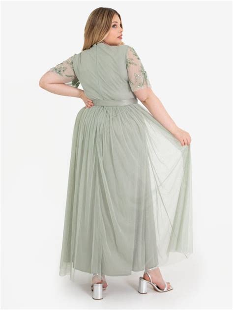 Maya Plus Size Sage Green Floral Embellished Maxi Dress With Sash Belt