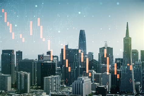 추상적인 가상 글로벌 위기 차트와 샌프란시스코 사무실 건물 배경 하락하는 시장 및 세계 경제 개념의 붕괴에 대한 세계 지도