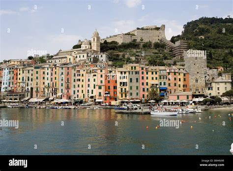 Italy Liguria Coast Portovenere Castle Harbor Boats Promenade Pavement