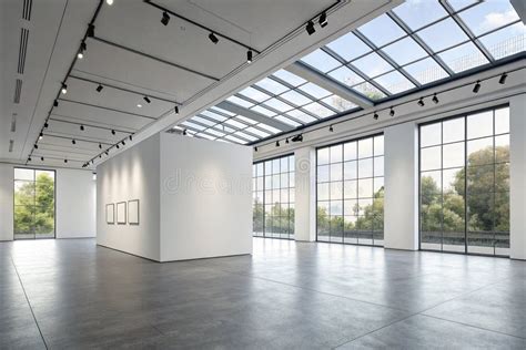 Empty Modern Gallery Room With Blank Walls And High Ceiling Stock