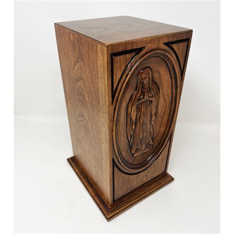 Carved Virgin Mary Catholic Cremation Urn In Cherry Or Walnut Hardwood