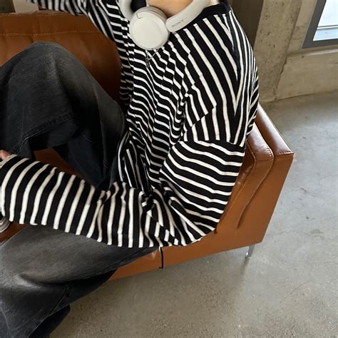 빅사이즈 오버핏 긴팔티 단가라 스트라이프 빈티지 구제 줄무늬 긴팔티셔츠 에이블리