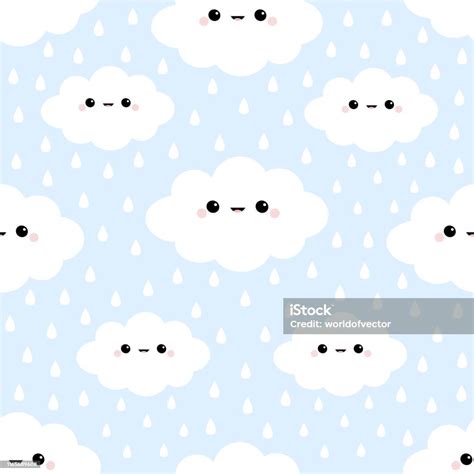 하늘에 구름 비 드롭 원활한 패턴 귀여운 만화 가와이 재미 웃는 아기 캐릭터 포장지 섬유 템플릿 보육 장식 파란색 배경입니다 플랫 디자인 0명에 대한 스톡 벡터 아트 및
