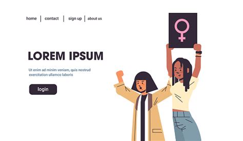 여성 권한 부여 운동가 여성 성별 사인 페미니스트 시위 소녀 힘 운동 권리 보호 개념 초상화 수평 복사 공간과 현수막을 들고 항의 가공의 인물에 대한 스톡 벡터 아트 및
