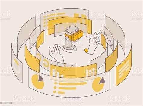 그래프 및 다이어그램 통계가 있는 Vr 헤드셋에서 작업하는 등극 문자 컨셉 3d 문자 일러스트레이션 0명에 대한 스톡 벡터 아트