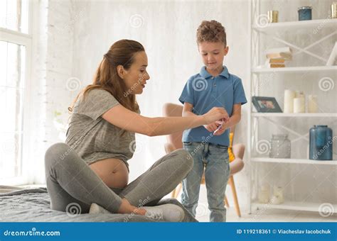 Caring Pregnant Mom Embracing Her Lovely Sons Royalty Free Stock Photo Cartoondealer