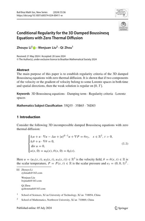 Pdf Conditional Regularity For The 3d Damped Boussinesq Equations With Zero Thermal Diffusion
