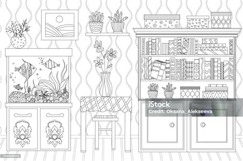 테이블과 선반에 꽃이있는 방 책장 캐비닛에 물고기와 해초가있는 수족관 색칠 공부를위한 벽에 프레임이있는 그림이 있습니다 스케치에 대한 스톡 벡터 아트 및 기타 이미지