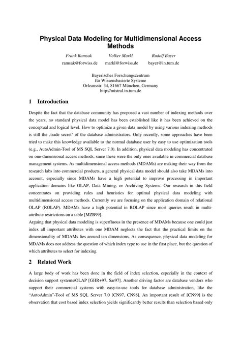 Pdf Physical Data Modeling For Multidimensional Access Methods