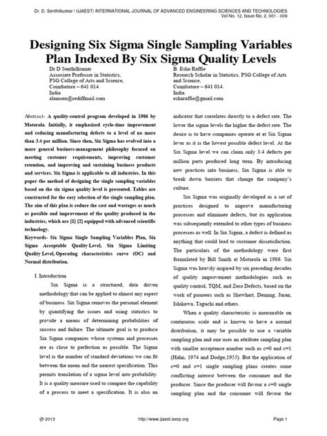 Designing Six Sigma Single Sampling Vari Pdf Six Sigma Standard